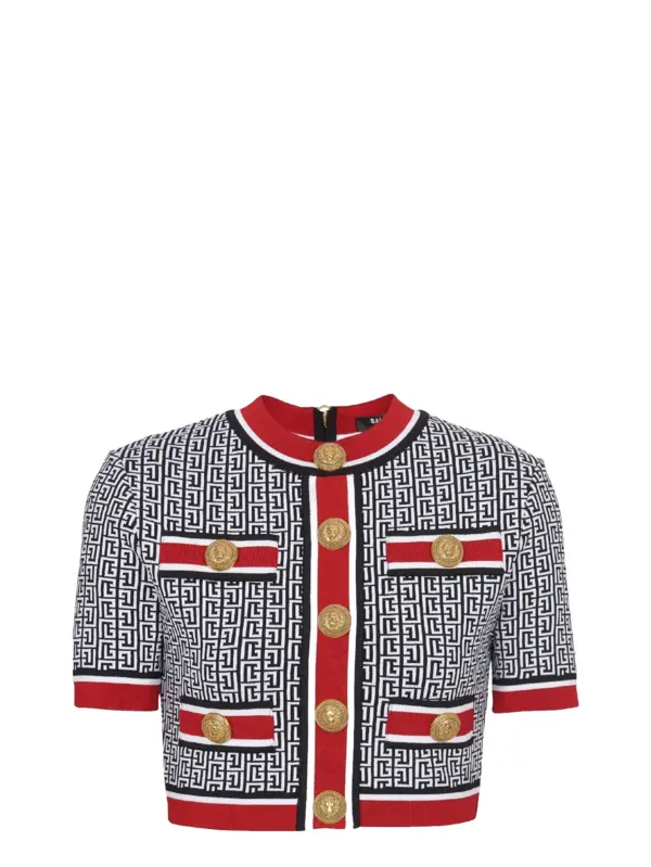 Balmain Monogram Jacquard Knit Crop Top - Blue
