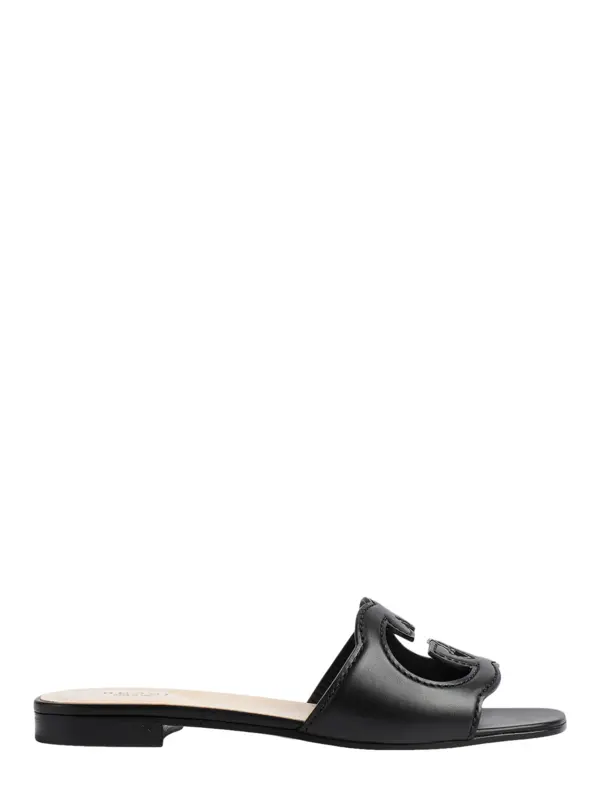 Gucci Leather Logo Cutout Flat Sandals - Black