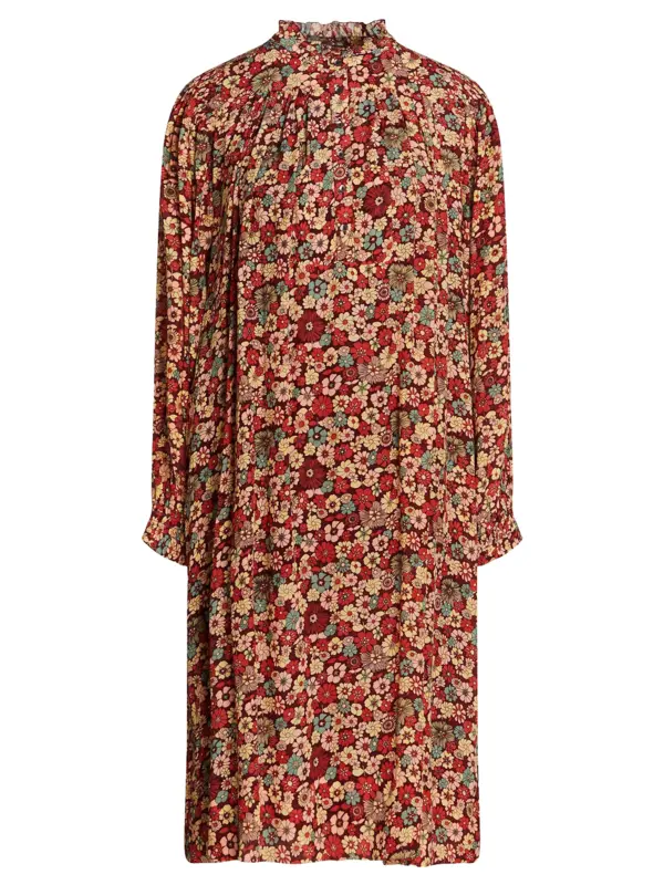 Antik Batik Gathered Floral-print Crepe De Chine Dress - Burgundy