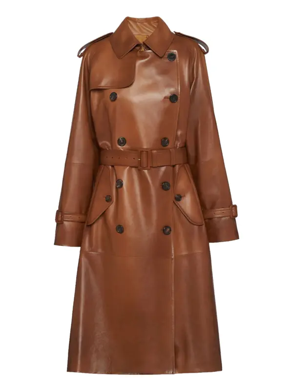 Prada Double-breasted Leather Coat - Brown