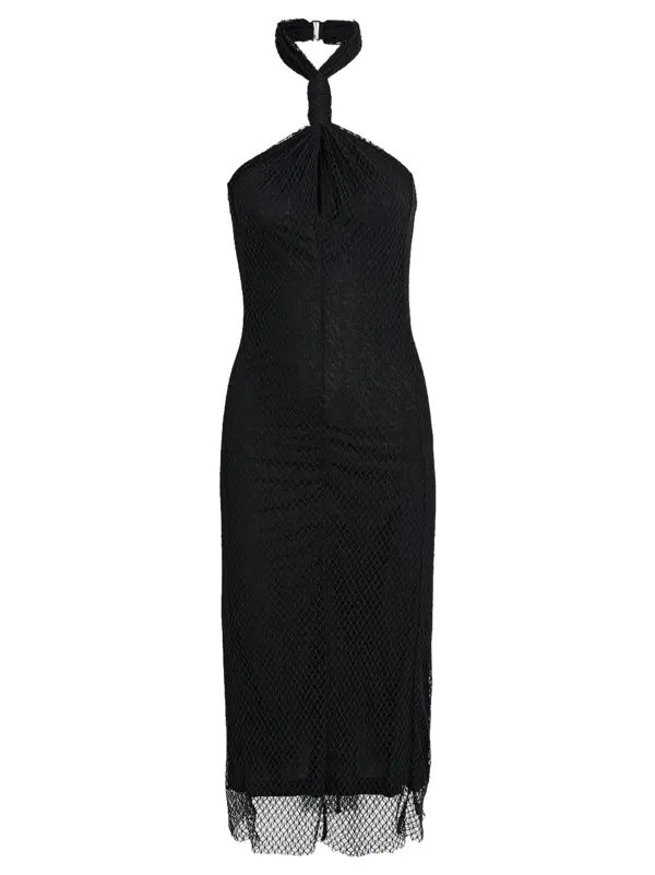 Helmut Lang Twisted Fishnet Halterneck Midi Dress - Black