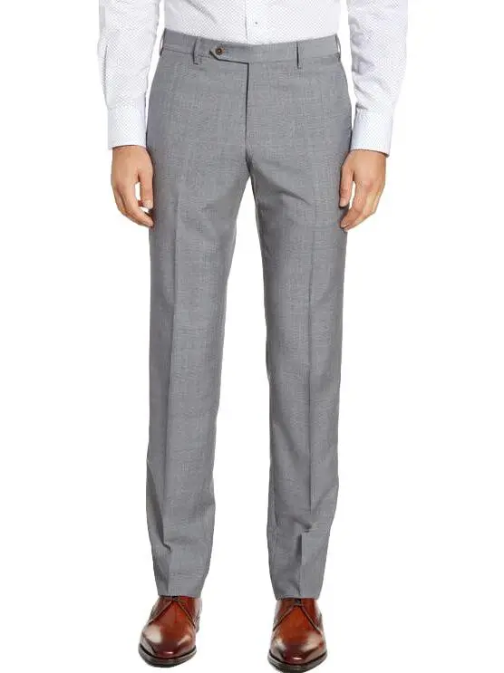 Zanella Parker Flat Front Plaid Wool Trousers - Light Grey