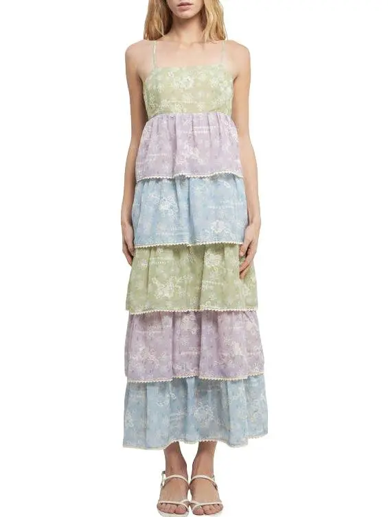 English Factory Floral Embroidered Tiered Maxi Dress - Green Multi