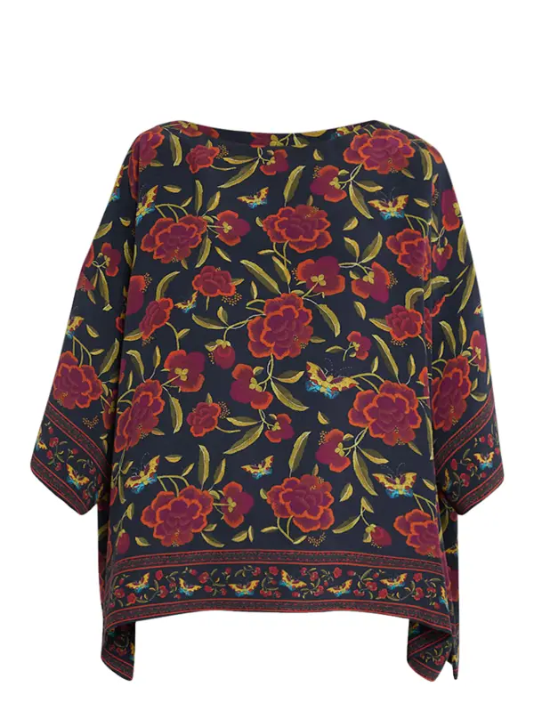 Eskandar Floral Print Long Tunic - Garnet