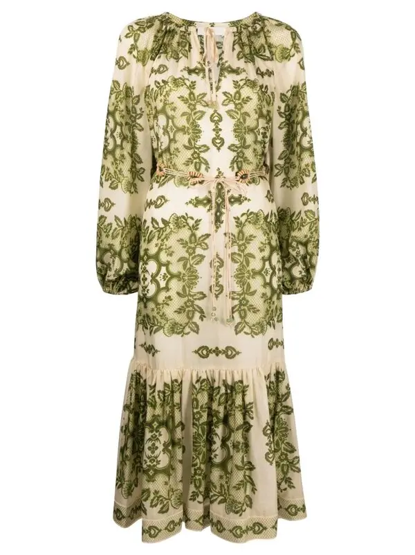 Zimmermann Raie Floral-print Belted Dress - Green