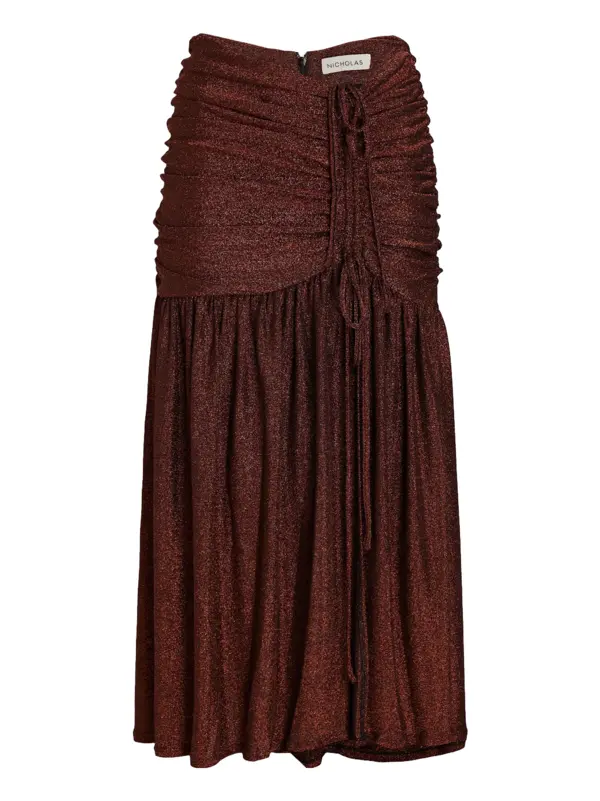 NICHOLAS Ruched Metallic Jersey Midi Skirt - Copper