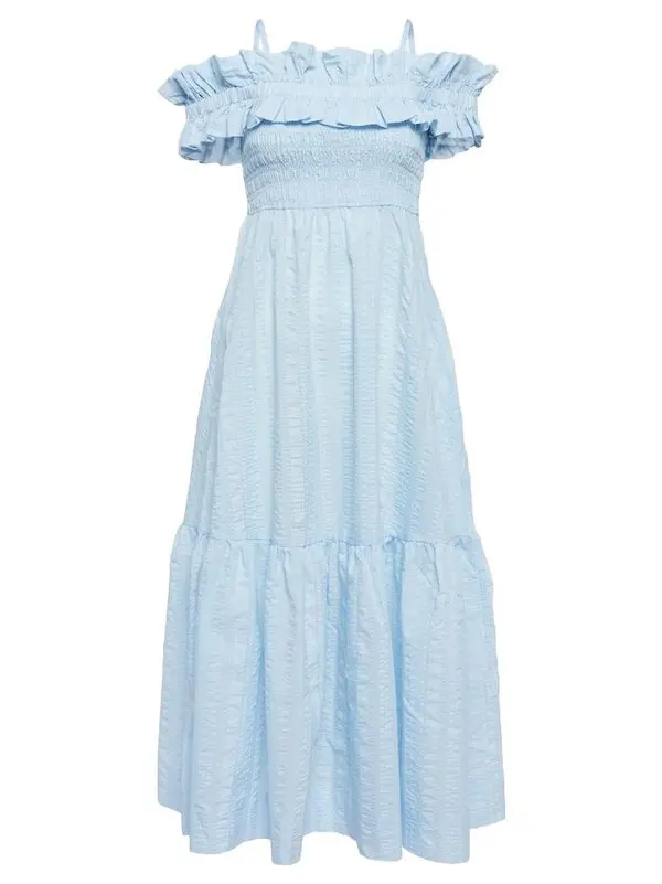 GANNI Ruched Off-shoulder Maxi Dress - Blue