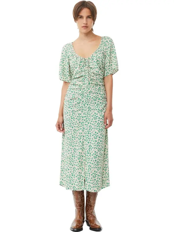 GANNI Printed Crepe U-neck Midi Dress - Tapioca