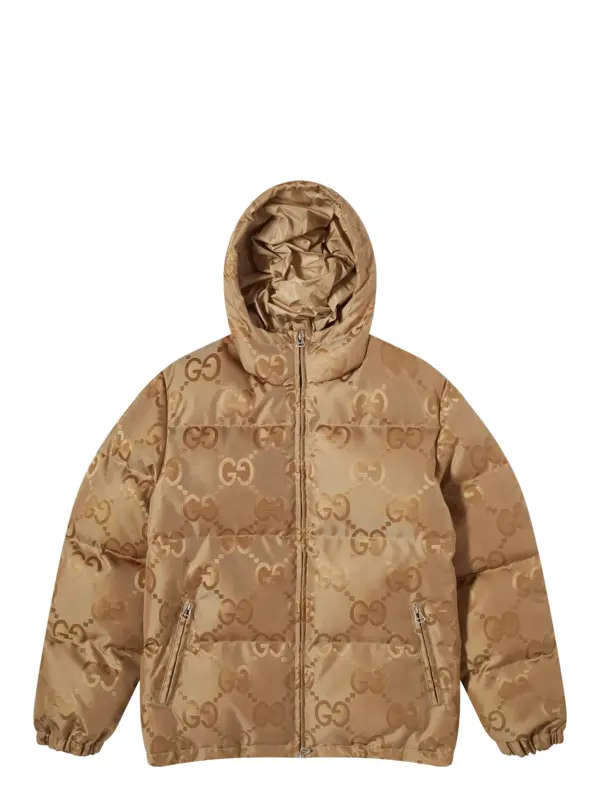 Gucci Jumbo Gg Jacquard Down Hooded Jacket - Beige