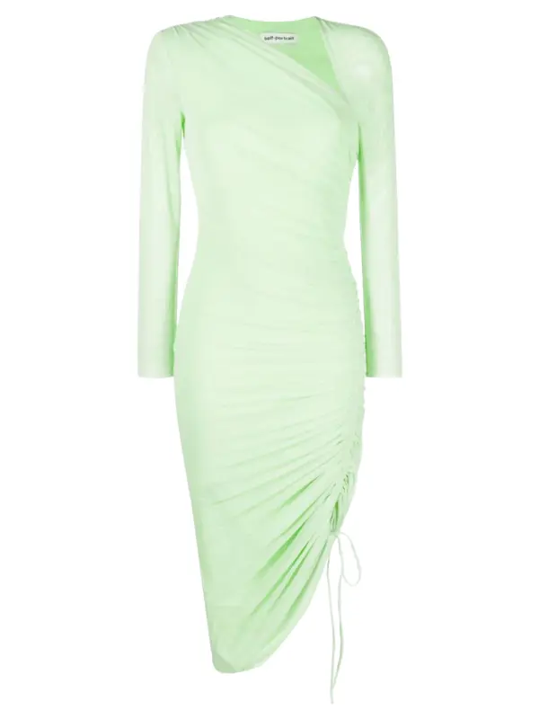SELF-PORTRAIT Ruched Mesh Midi Dress - Green