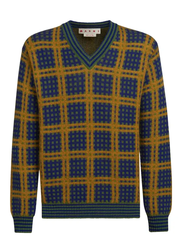 Marni Checked V-neck Jumper - Blue