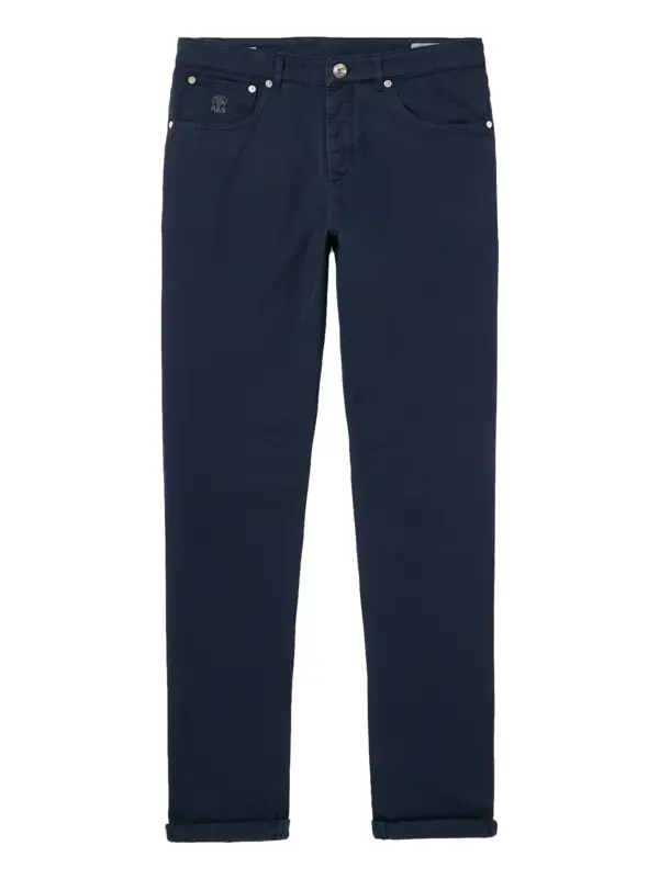 Brunello Cucinelli Straight-leg Logo-embroidered Cotton-gabardine Trousers - Blue