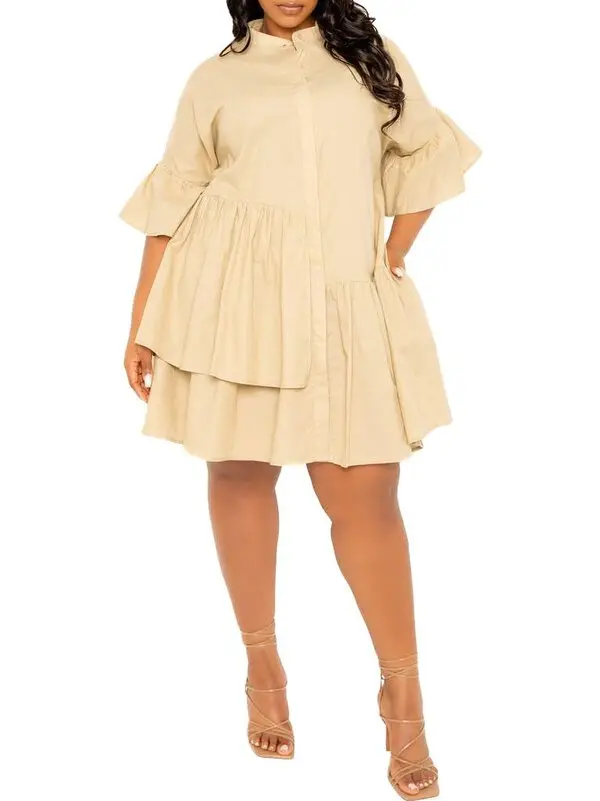 BUXOM COUTURE Flutter Sleeve Shift Dress - Beige