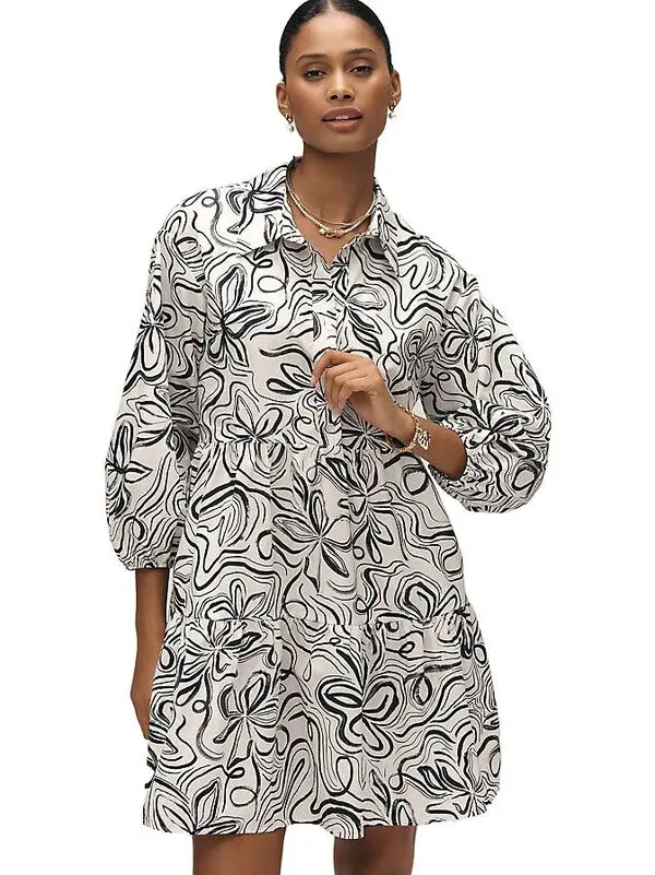 Maeve The Bettina Tiered Mini Shirt Dress - Black & White Pattern
