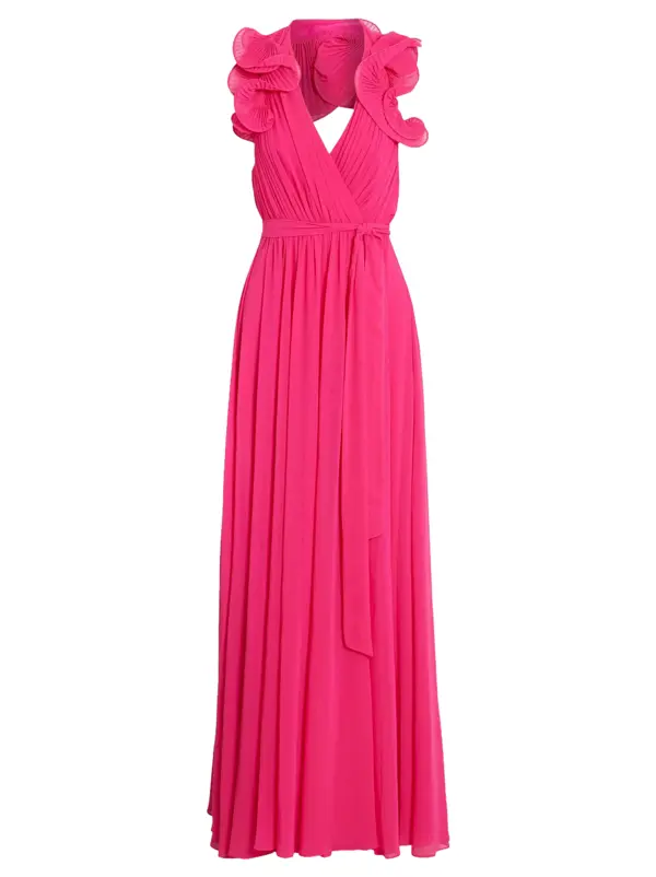 Badgley Mischka Pleated Chiffon Halterneck Maxi Dress - Fuchsia