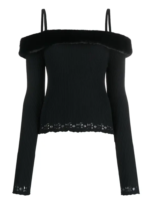 Blumarine Faux-fur Trim Off-shoulder Jumper - Black