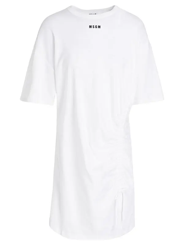 MSGM Ruched Logo-print Cotton-jersey Mini Dress - White
