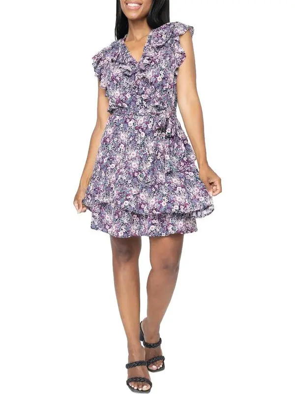 GIBSONLOOK Ruffle Floral Wrap Minidress - Blue Deco Garden Print