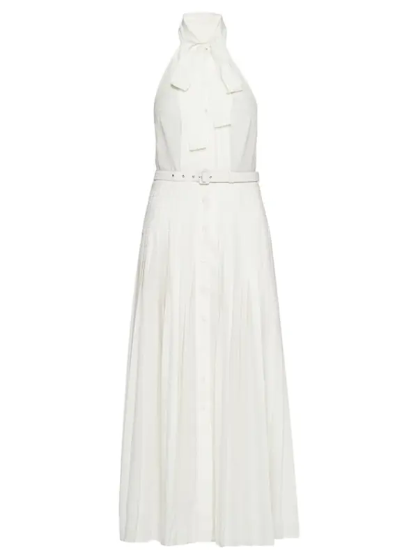 Prada Halter Pleated Silk Belted Dress - Bianco