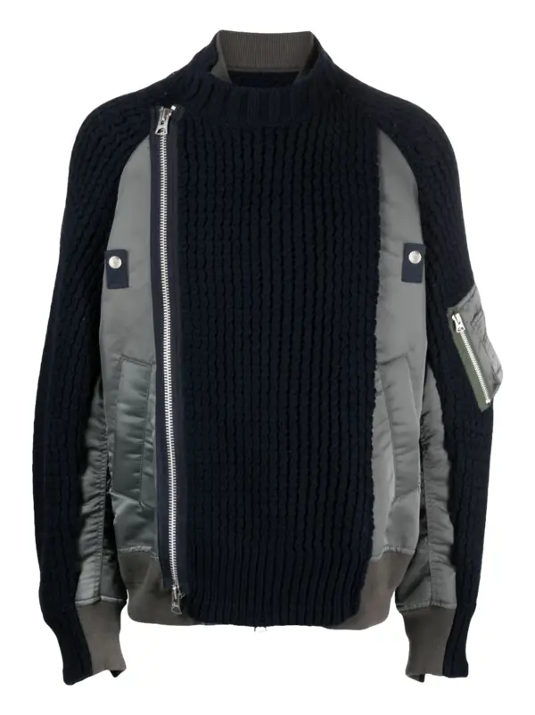 Sacai Panelled Knitted Bomber Jacket - Blue