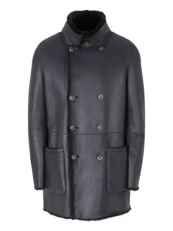 Giorgio Armani Reversible Double-breasted Sheepskin Pea Coat - Navy Blue