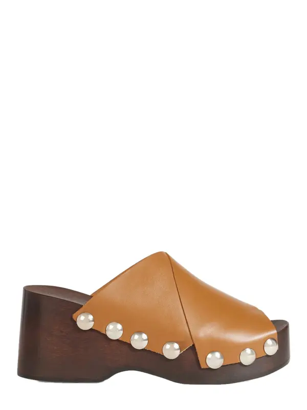 GANNI Studded Leather Platform Mules - Tan