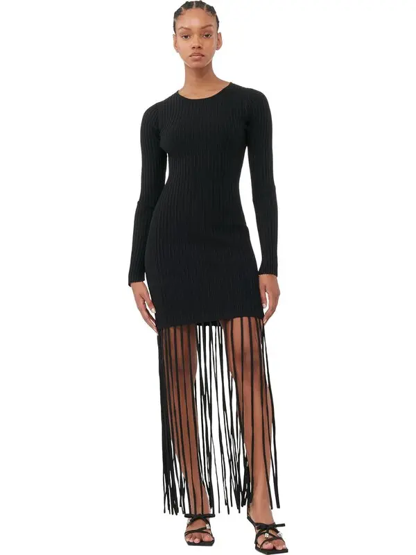 GANNI Melange Knit Fringe Mini Dress - Black