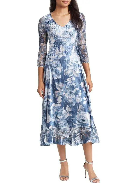 Komarov Abstract Print Charmeuse And Lace Cocktail Midi Dress - Shadow Rose