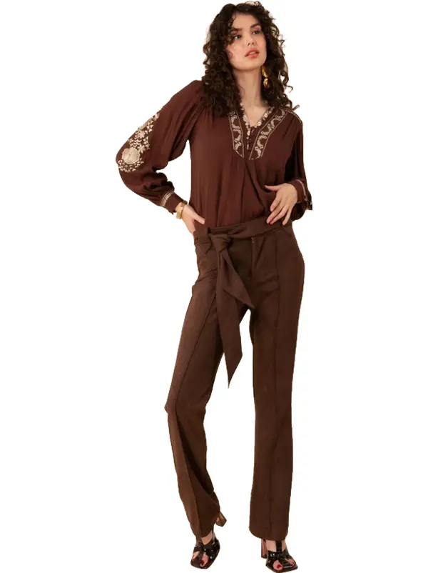 Hale Bob Victoria Stretch Ultrasuede Pant - Brown