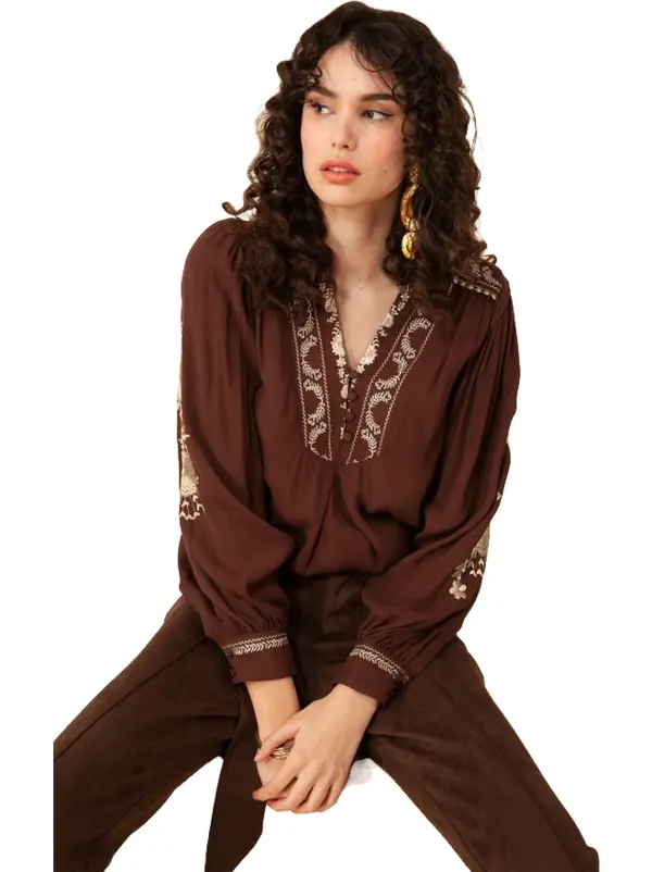 Hale Bob Leonie Embroidered Top - Brown
