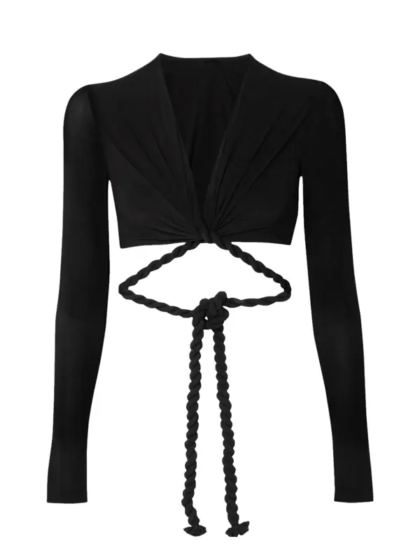 DION LEE Cropped Stretch-jersey Wrap Top - Black