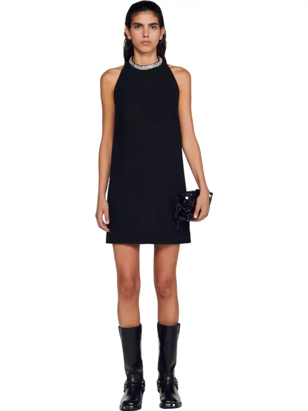 Sandro Mini Tweed Dress With Embellished High Neck - Black