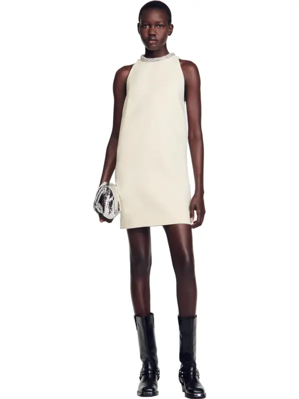 Sandro Short Tweed Dress With Embellished High Neck - Ecru