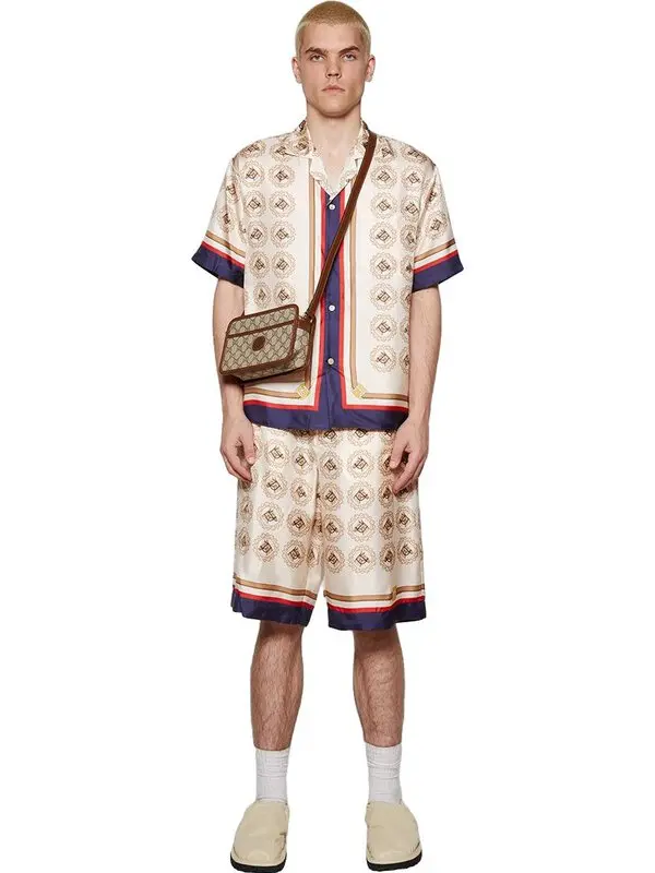Gucci Silk Twill Equestrian Print Shorts - Ivory And Gold