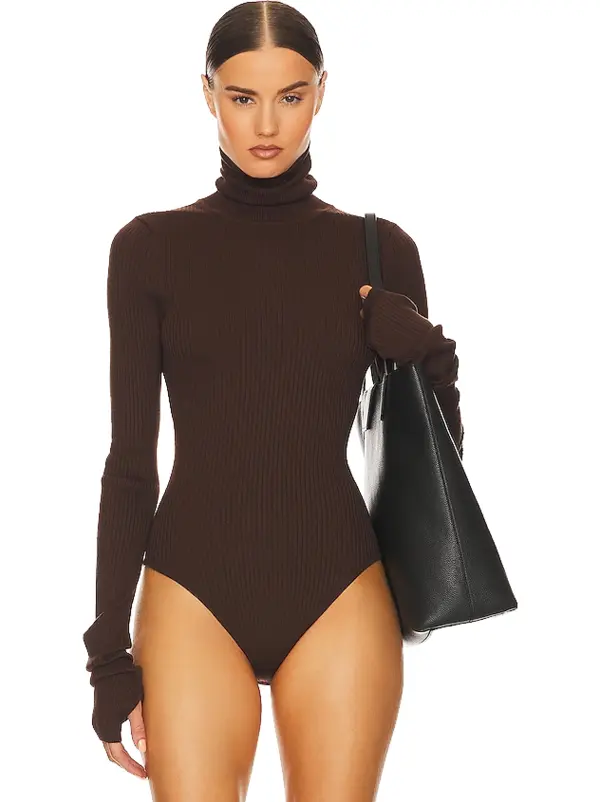 HELSA Edita Turtleneck Bodysuit In Chocolate - Dark Brown