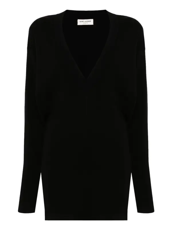 Saint Laurent V-neck Wool Dress - Black