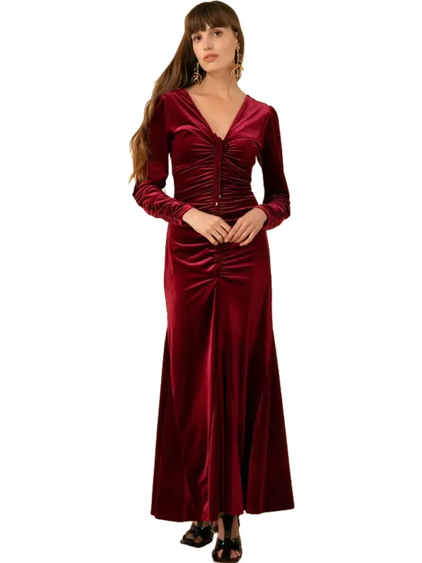 Hale Bob Lya Shirred Velvet Maxi Dress - Burgundy / Red