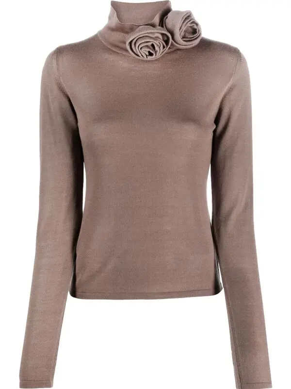 Blumarine Floral-appliqué Fine-knit T-shirt - Brown