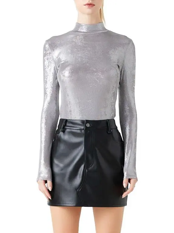 GREY LAB Shiny Mock Neck Top - Silver