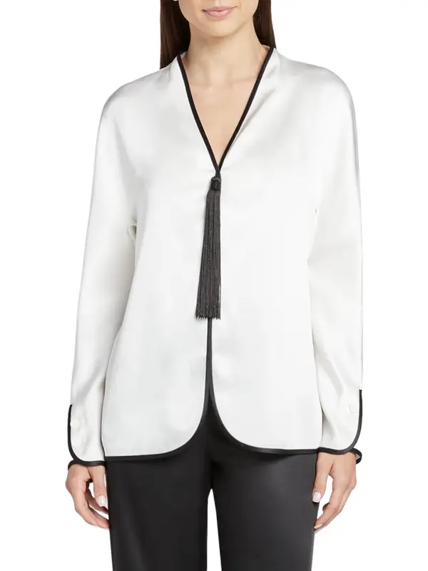 Giorgio Armani Tassel Silk Blouse With Contrast Tipping - Solid White