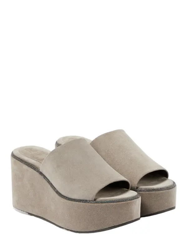 Brunello Cucinelli Suede Platform Slides - Grey