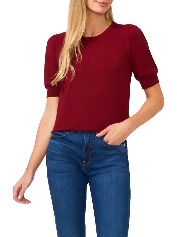 CECE DUPRAZ Puff Sleeve Crewneck Sweater - Claret Burgundy