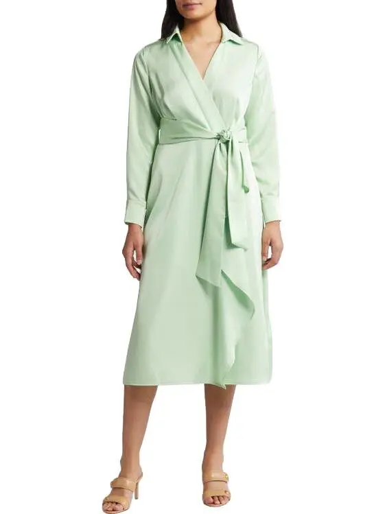 TAHARI ASL Ruffle Front Long Sleeve Midi Shirtdress - Moss