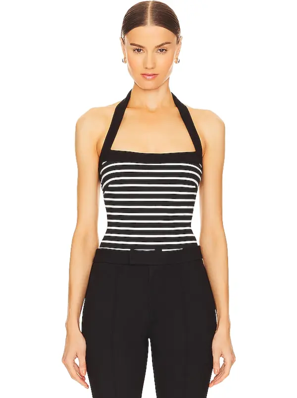 NICHOLAS Lainey Contrast Square Neck Bodysuit - Black & Milk Stripe