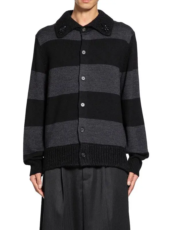 Simone Rocha Striped Rugby Knit Cardigan With Embroidered Details And Fuzzy Collar - Multicolor