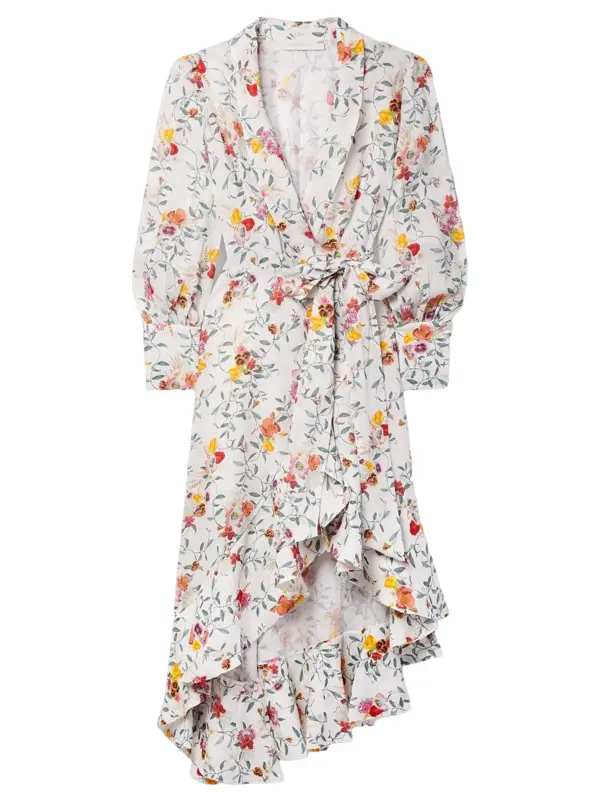 Zimmermann Asymmetric Ruffled Floral-print Linen Midi Wrap Dress - White
