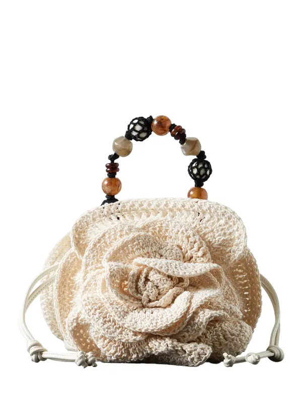 Magda Butrym Mini Bead-embellished Appliquéd Crocheted Satin Tote - Cream
