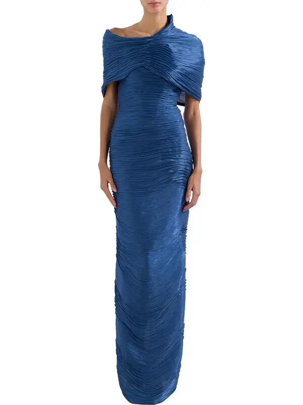 MARMAR HALIM Roseya Off-shoulder Pleated Cape Gown - Blue