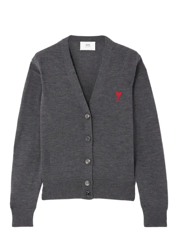 Ami Net Sustain Adc Embroidered Merino Wool Cardigan - Gray