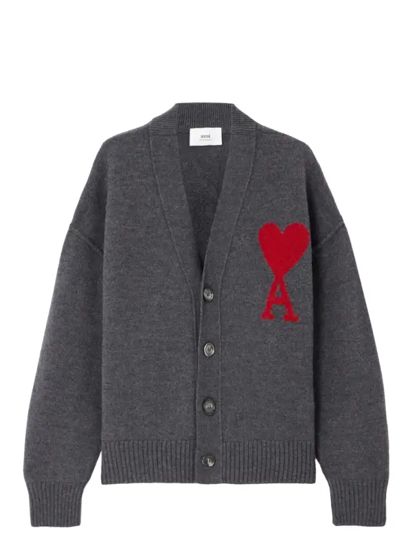 Ami Net Sustain Adc Intarsia Wool Cardigan - Gray